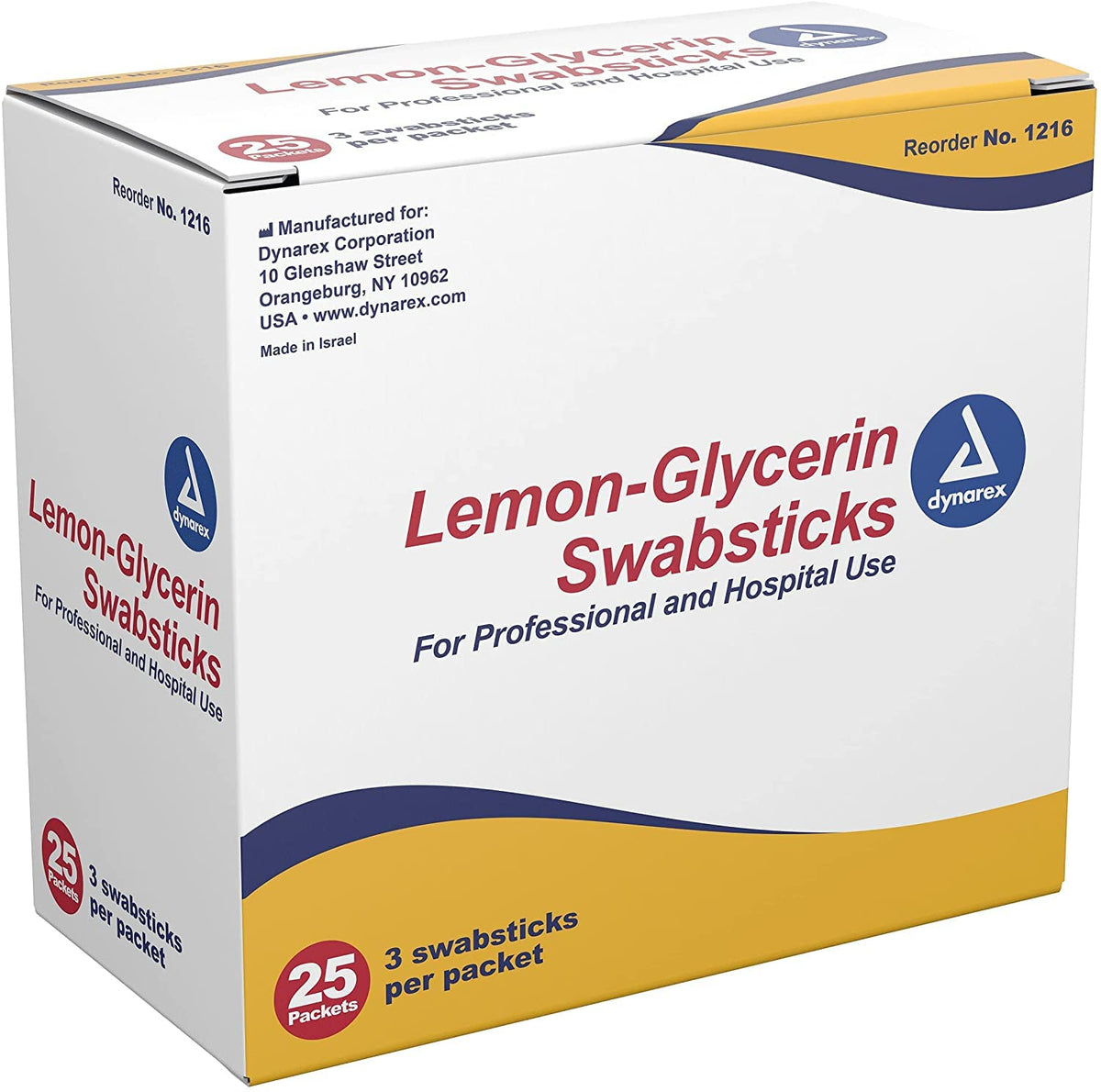 Dynarex 1216 Lemon-Glycerin Swabsticks (Packet of 3 Swabs) (25 Boxes o ...