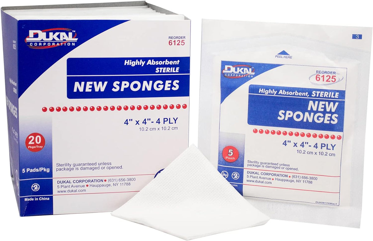 Dukal 6125 New Sponges Sterile 4 in. x 4 in. (5 Pack) (Box of 20 ...